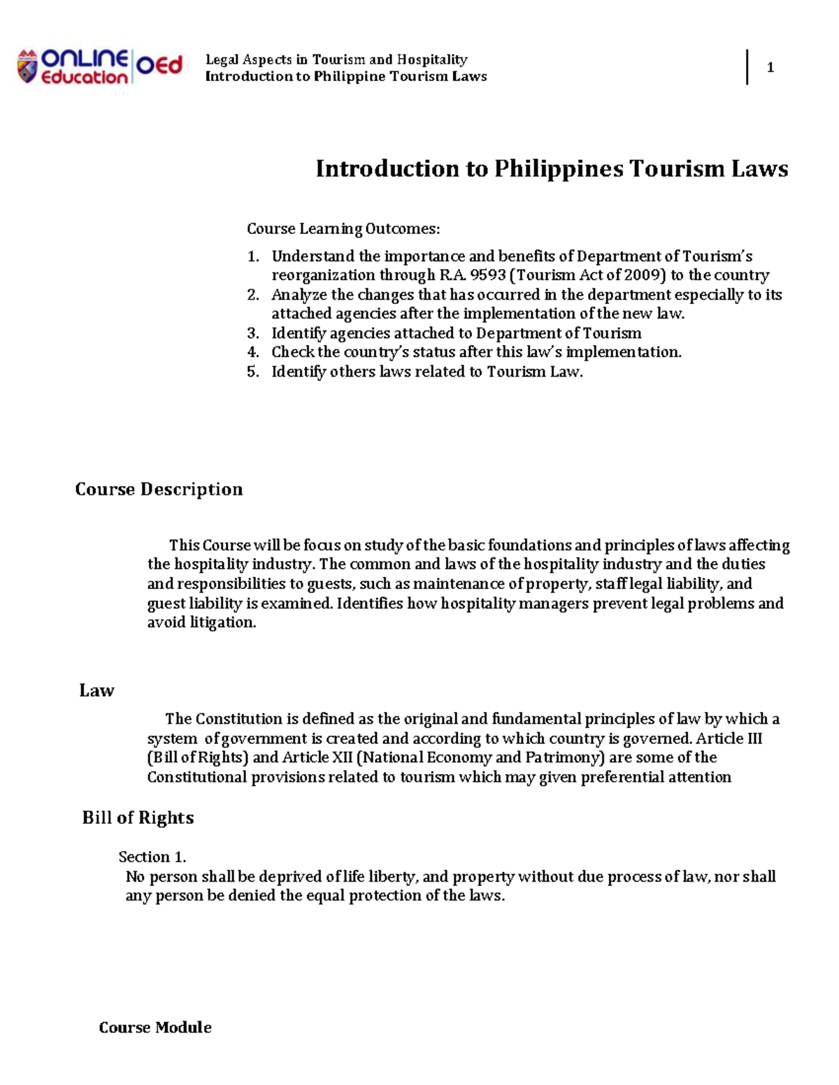W1- Module 001 Introduction to Tourism Laws - Legal Aspects in Tourism ...