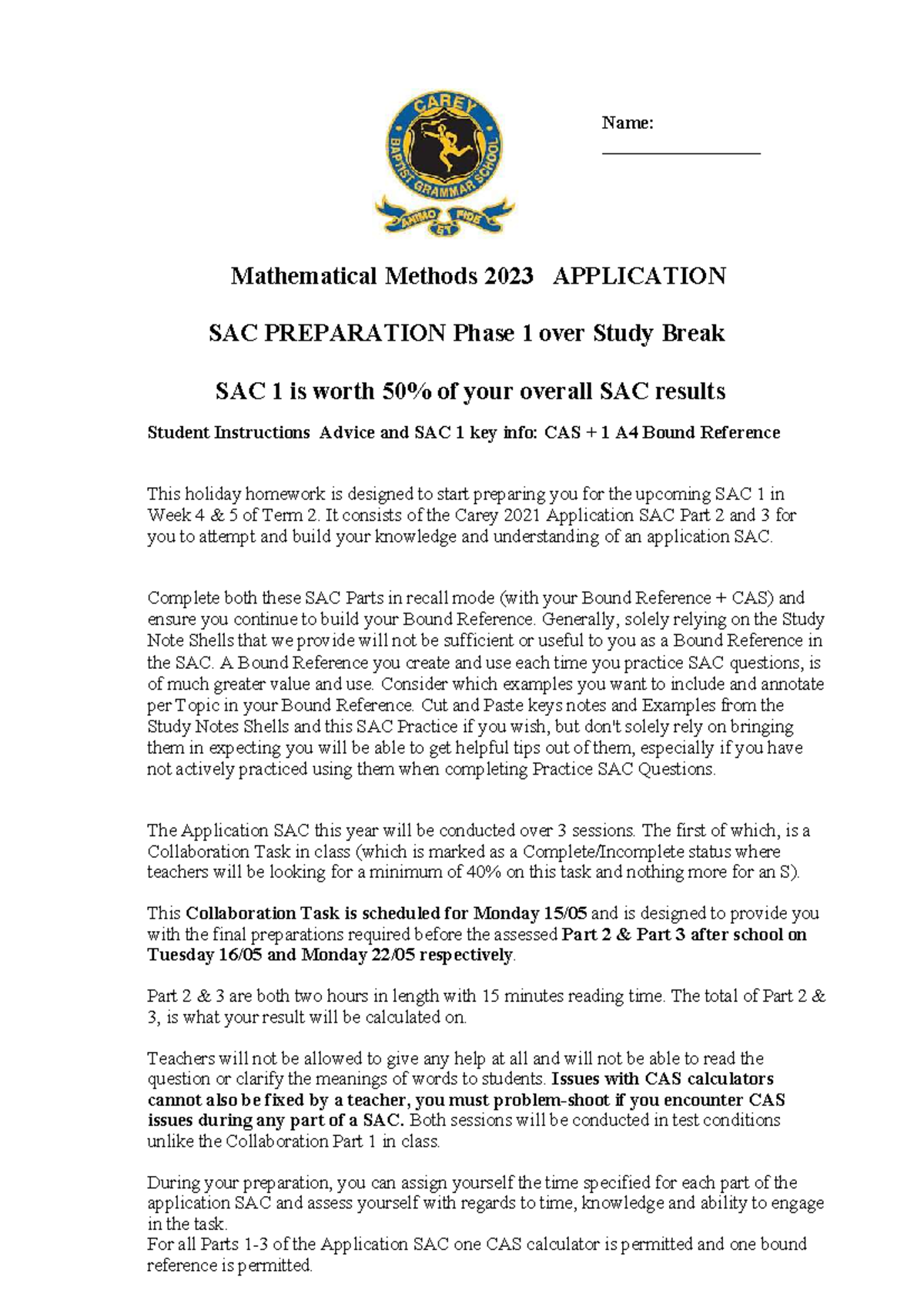 App SAC Prep 2023 - SAC 1 functions - Name: Mathematical Methods 20 233 ...