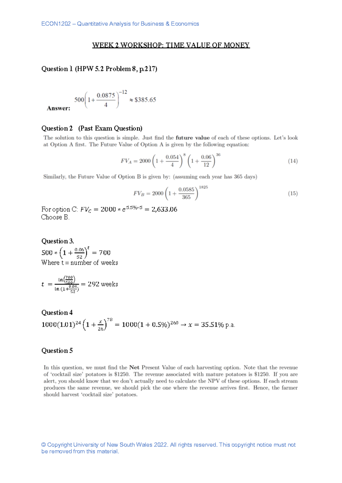 1.3 - TVM - WQ - Solutions - ECON1202 3 Quantitative Analysis for ...