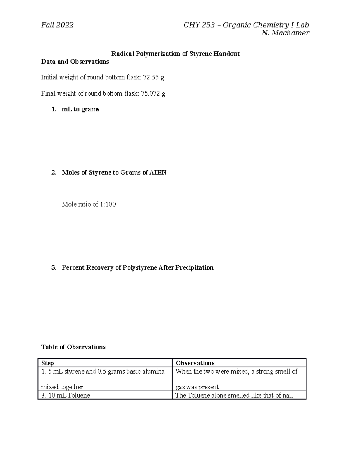 Polymerization Worksheet 2022 - Fall 2022 CHY 253 – Organic Chemistry I ...