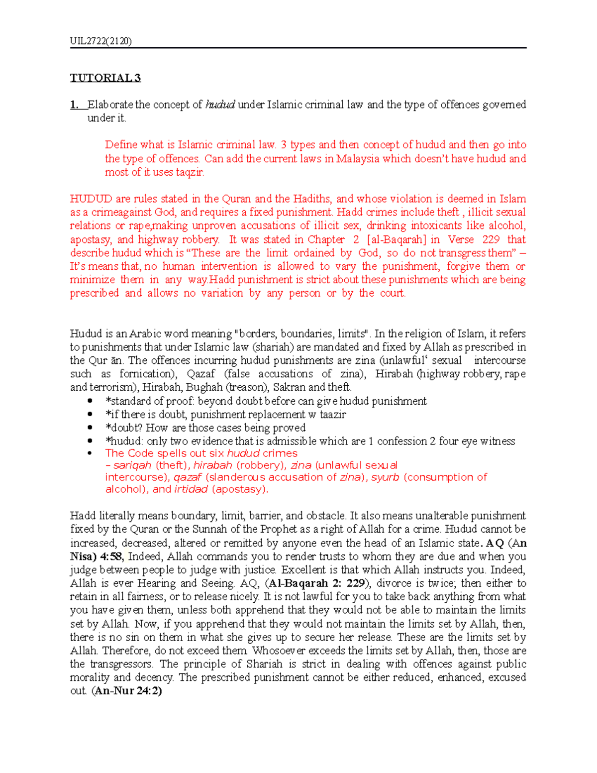 Islamic TUTO 3 - TUTORIAL 3 1. Elaborate the concept of hudud under Islamic criminal law and the ...