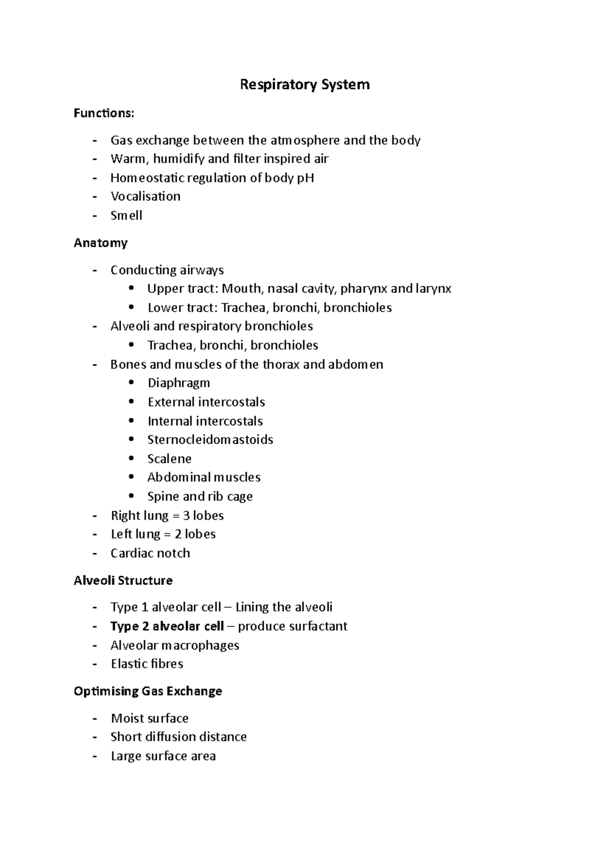 Respiratory System - notes - Respiratory System Functions: Gas exchange ...