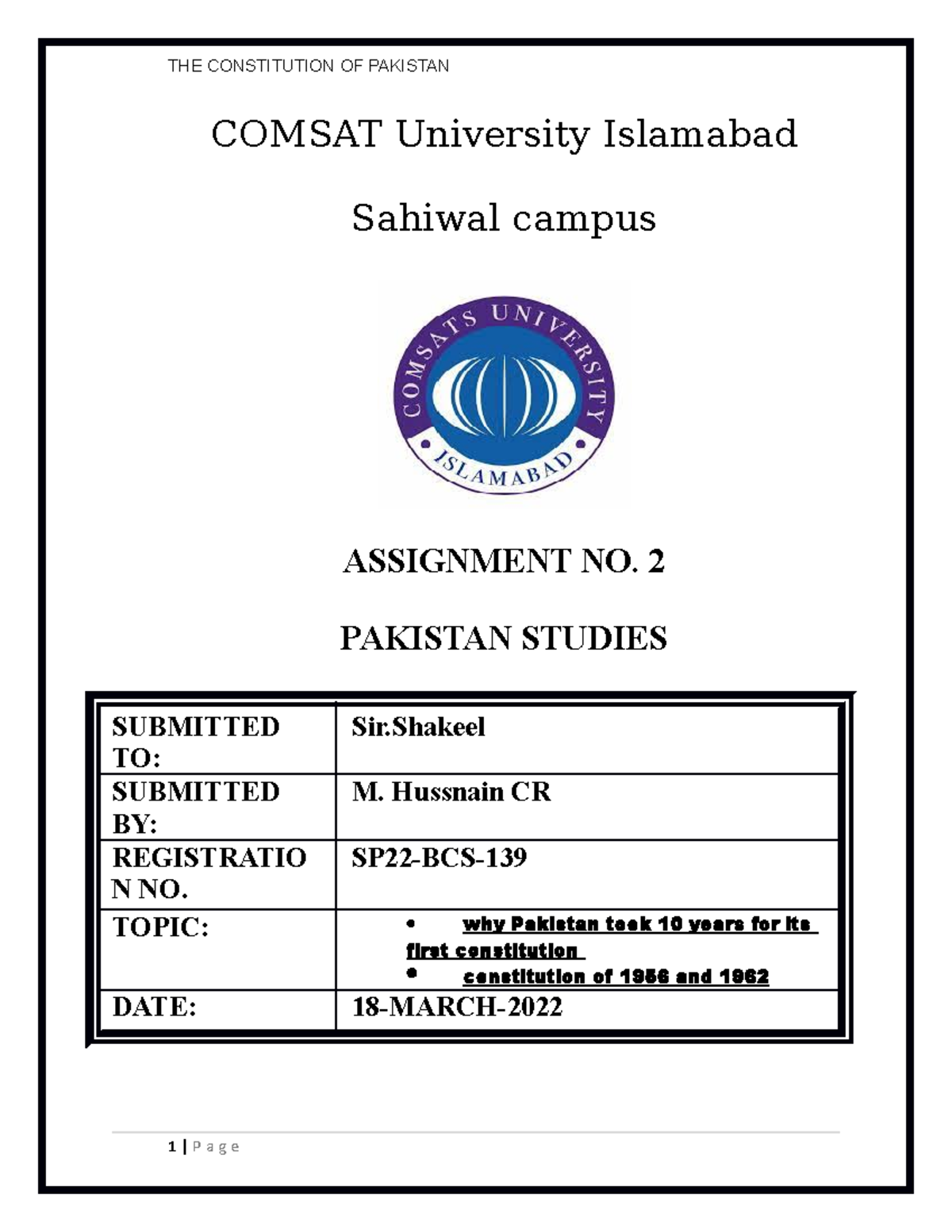 The Islamic Provisions of constitution of 1956 - Islamic Studies - CUI ...