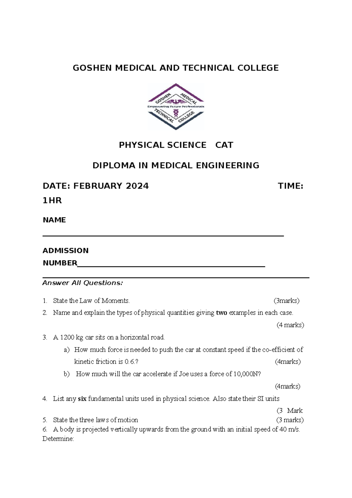 Physical Science Paper 2 - GOSHEN MEDICAL AND TECHNICAL COLLEGE ...