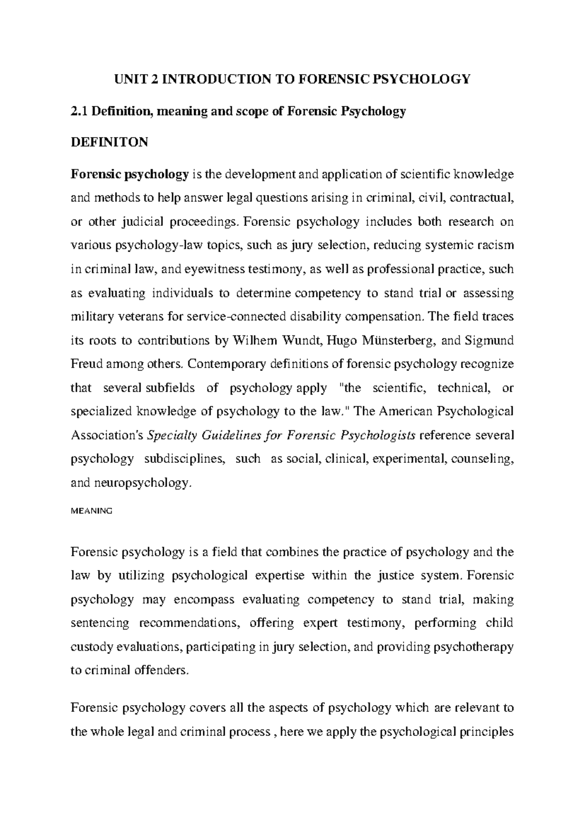 SEM 6 Forensic Psychology Notes - UNIT 2 INTRODUCTION TO FORENSIC ...