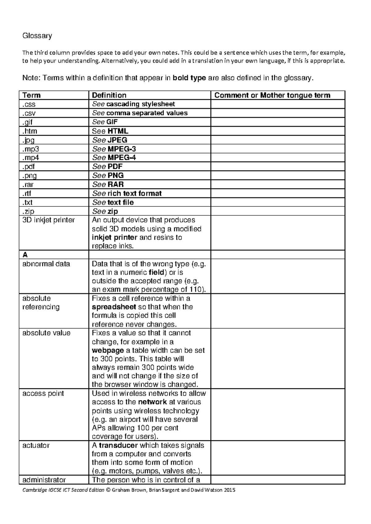 notes for school - Glossary The third column provides space to add your ...