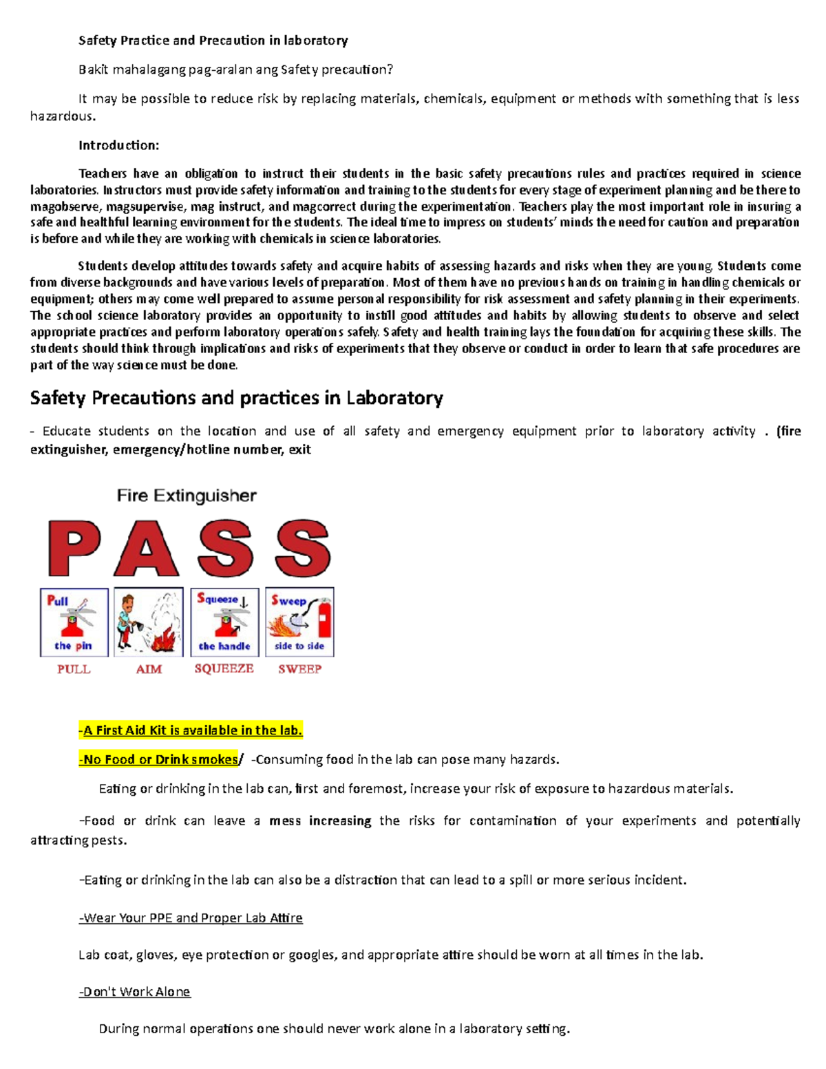 Safety Practice and Precaution in laboratory - Introduction: Teachers ...