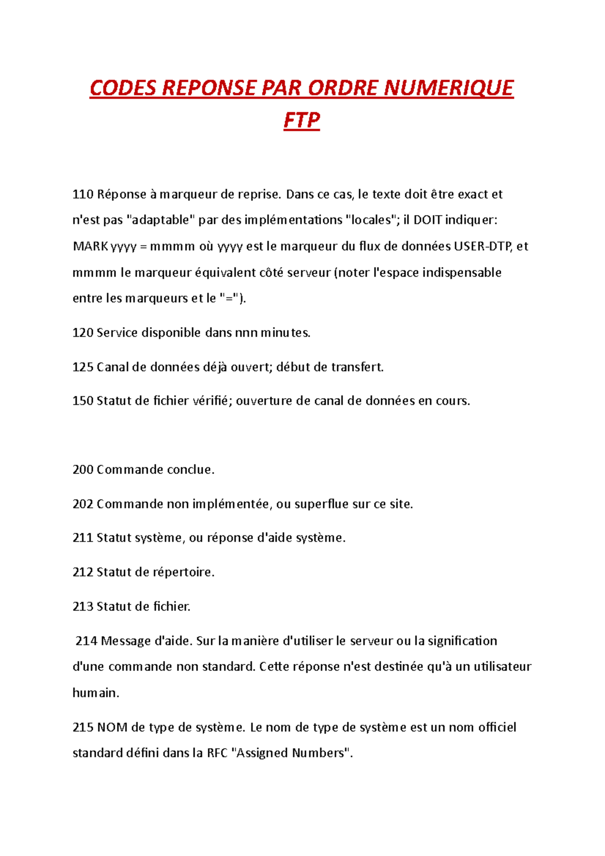 Codes Reponse PAR Ordre Numerique ( FTP ) - CODES REPONSE PAR ORDRE ...