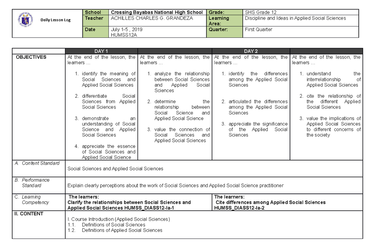 DLP Diass Week a - Applied Social Sciences - School Crossing Bayabas ...