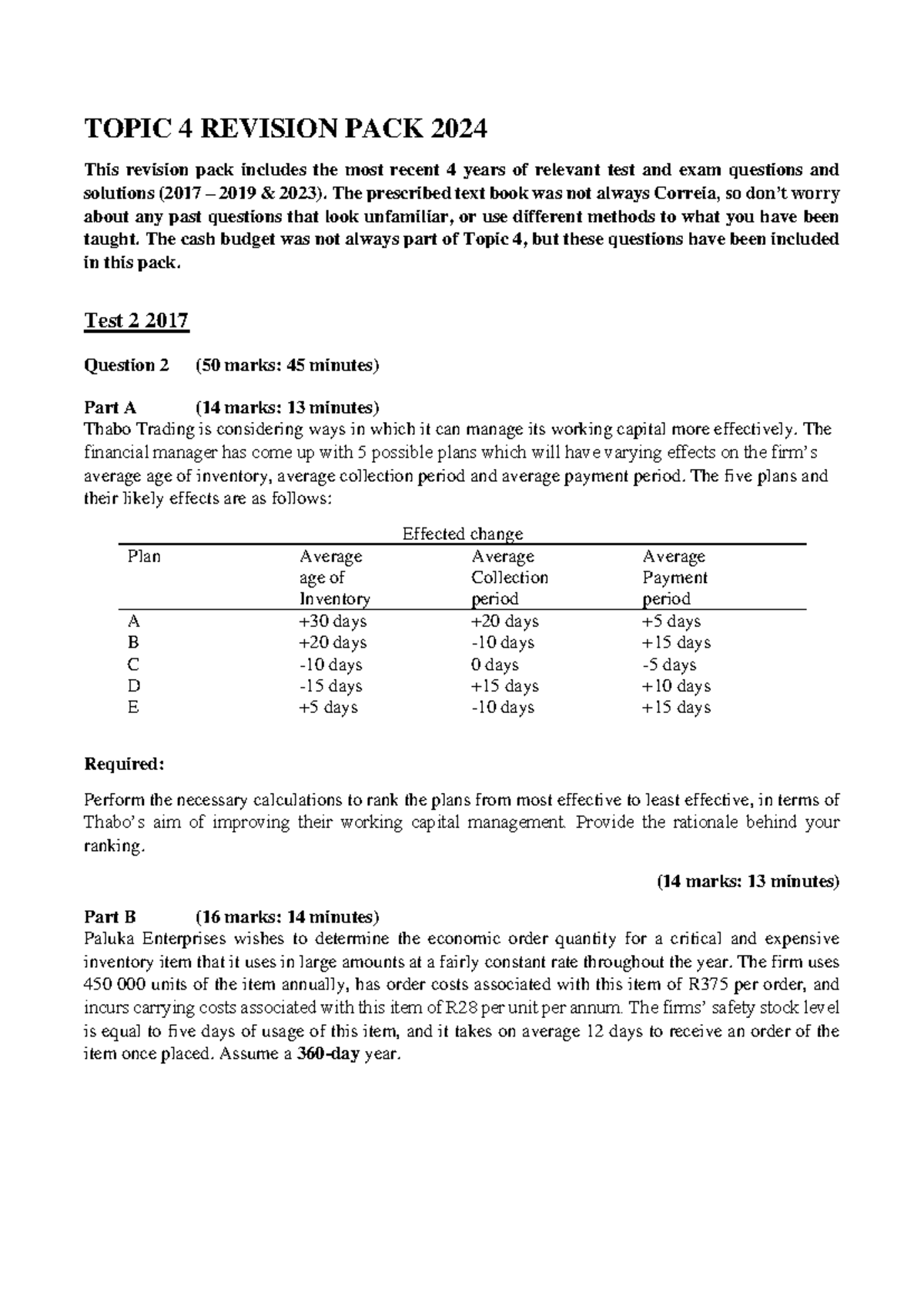 Topic 4 Revision pack - TOPIC 4 REVISION PACK 20 24 This revision pack ...