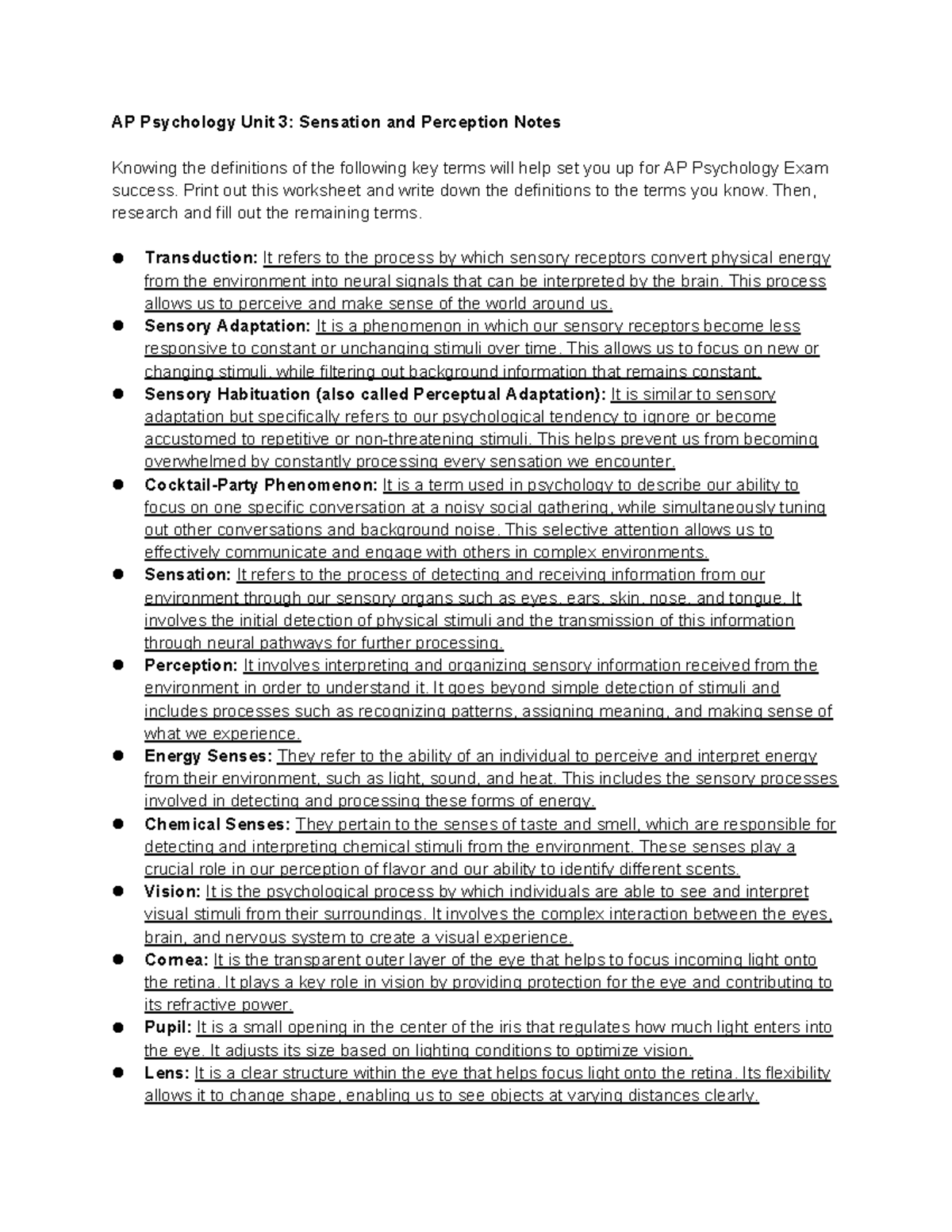 AP Psychology Unit 3 Sensation and Perception Notes - Print out this ...