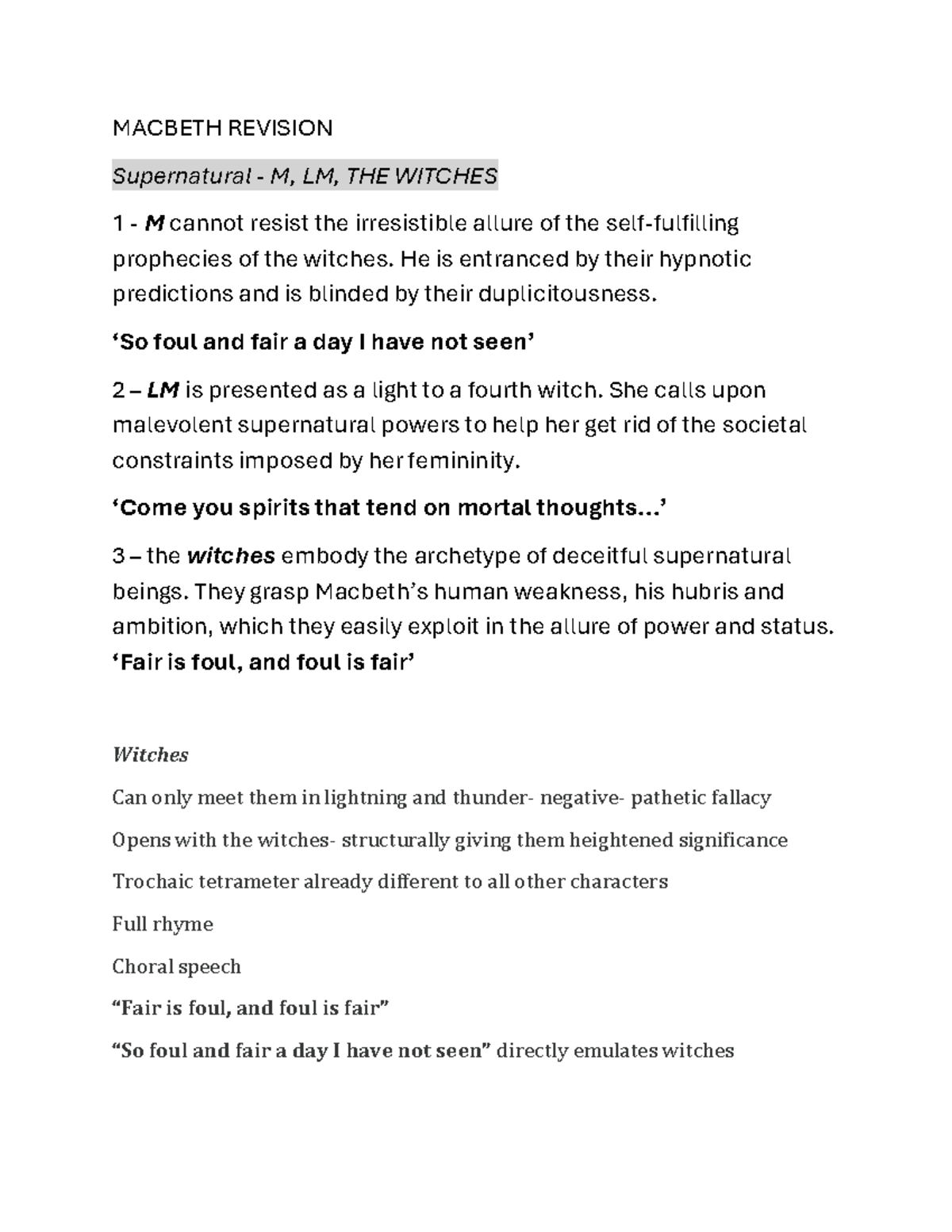 Macbeth- Notes on quotes - MACBETH REVISION Supernatural - M, LM, THE ...