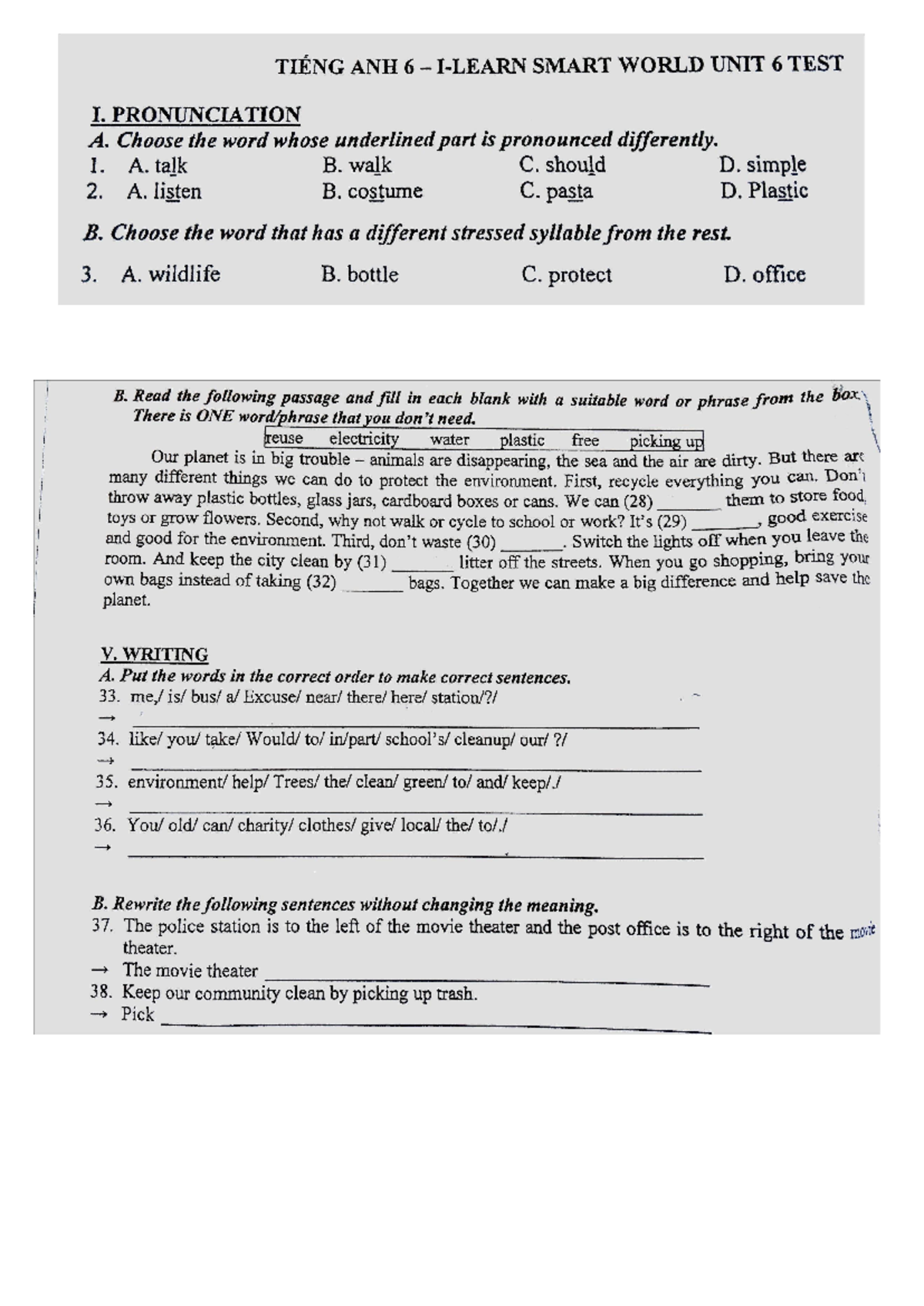 Unit 6 - UNIT 6 - TIÉNG ANH 6 SMART WORLD UNIT 6 TEST I. PRONUNCIATION ...
