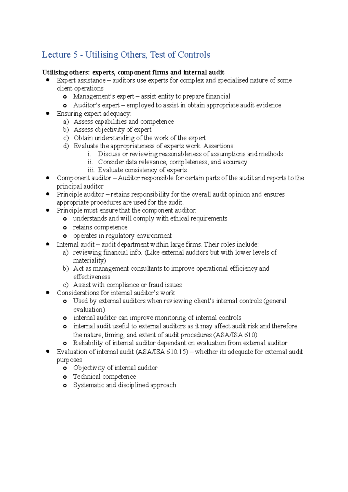 ACCG3040 Week 5 - Lecture Notes - Lecture 5 - Utilising Others, Test of ...