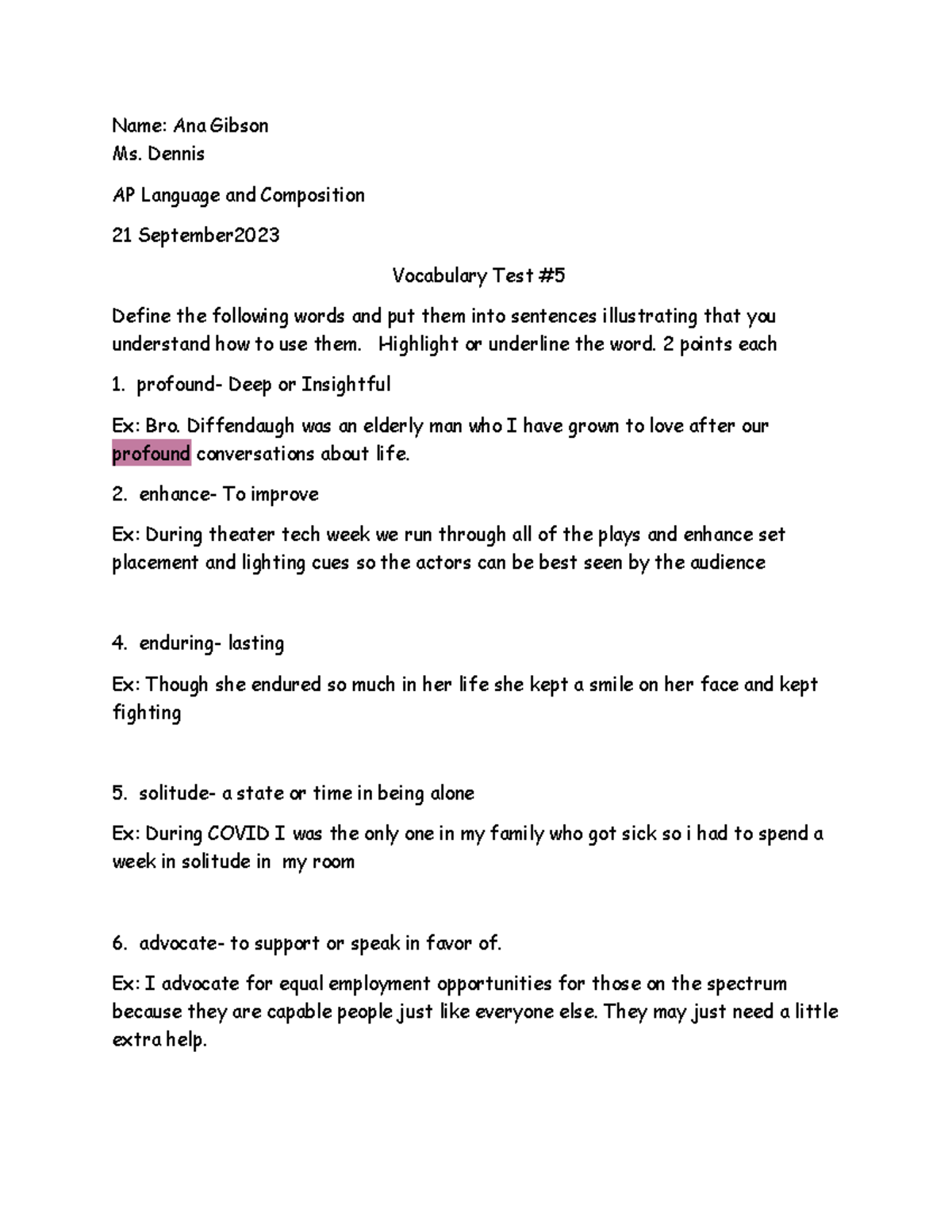 ANA Gibson - AP 2023 vocab 5 - Name: Ana Gibson Ms. Dennis AP Language ...