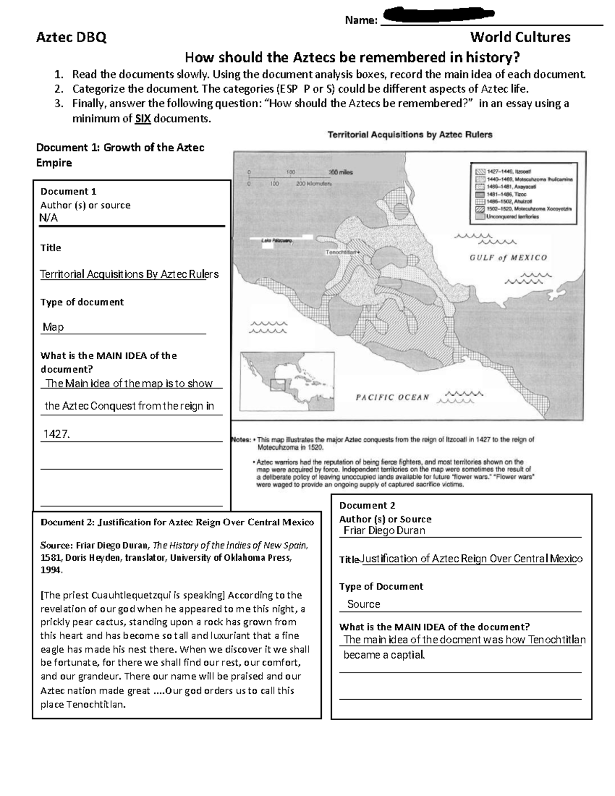Aztec dbq world cultures - Document 2: Justification for Aztec Reign ...