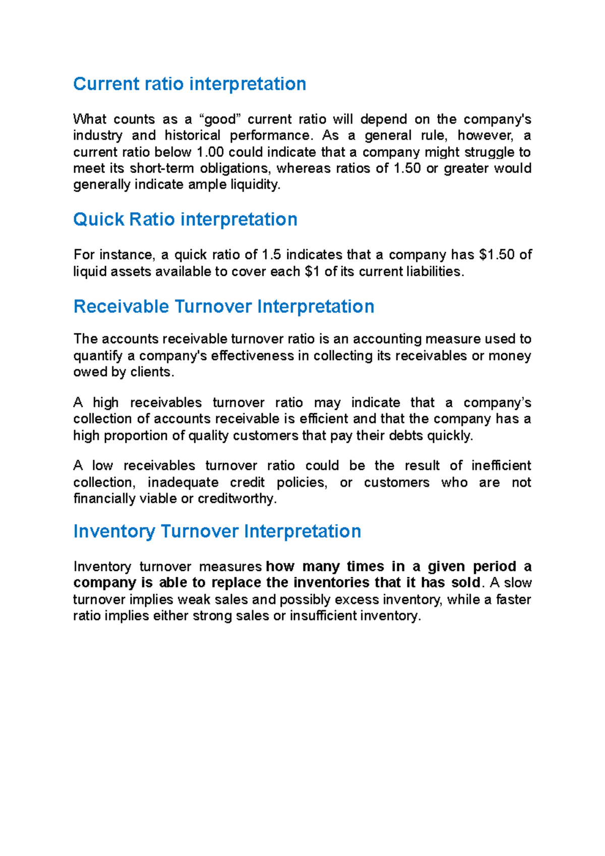 Financial Management Lecture Notes in Financial Ratios Interpretations ...
