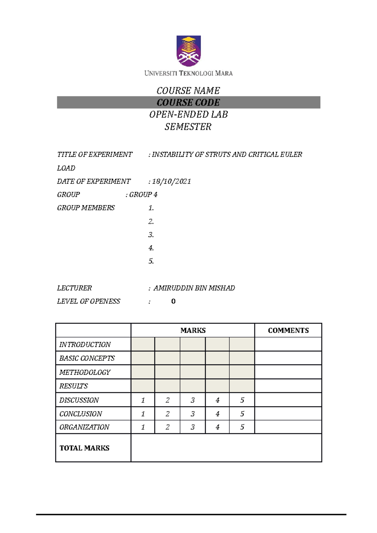 LAB Report Front PAGE - COURSE NAME COURSE CODE OPEN-ENDED LAB SEMESTER ...