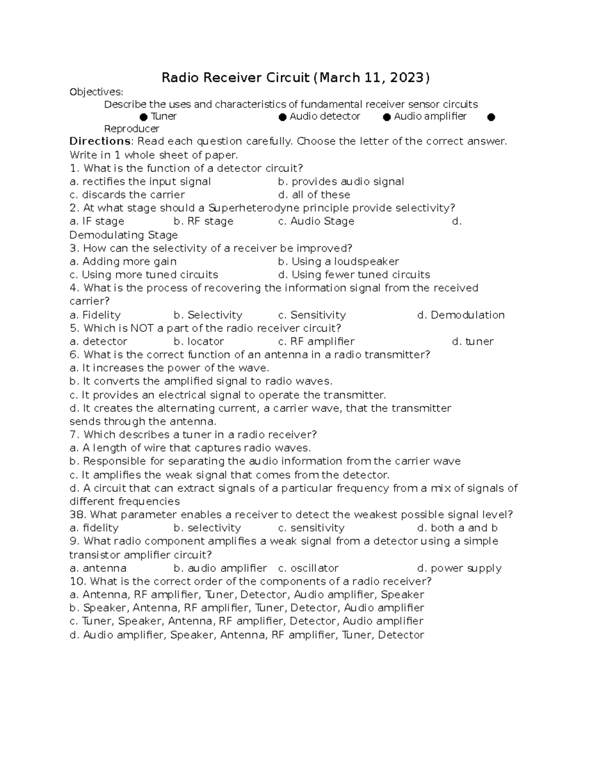 Radio Receiver Circuit - Choose the letter of the correct answer. Write ...