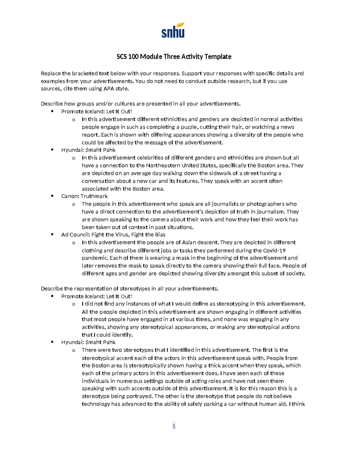SCS 100 3-2 Activity Group and Cultural Representation Joshua Minnick ...