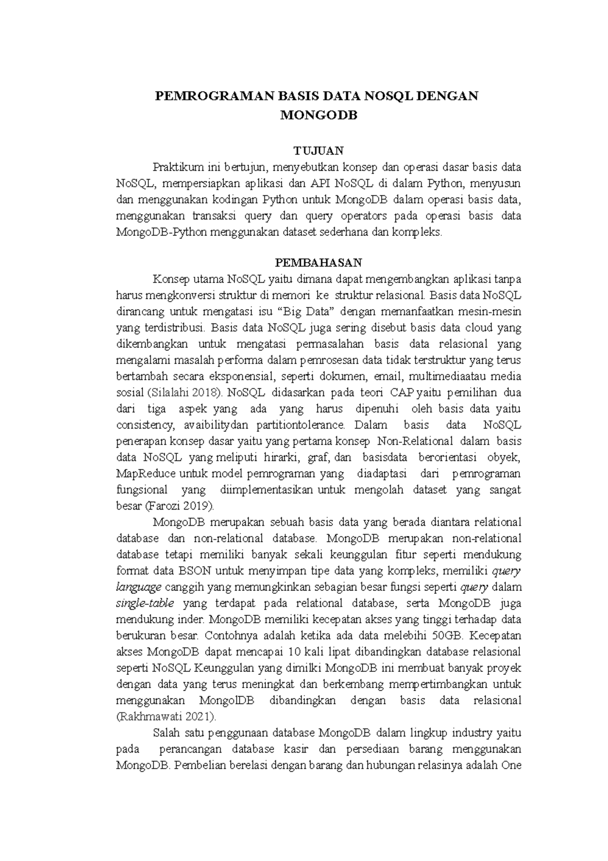 Laporan praktikum BAB 13 - PEMROGRAMAN BASIS DATA NOSQL DENGAN MONGODB ...