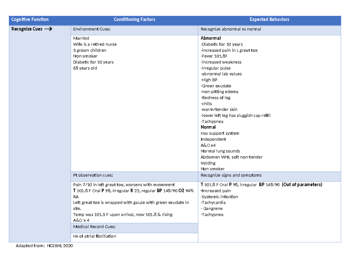 Ncsbn Clinical Judgment Tool Blank - Cognitive Function Conditioning Factors Expected Behaviors ...