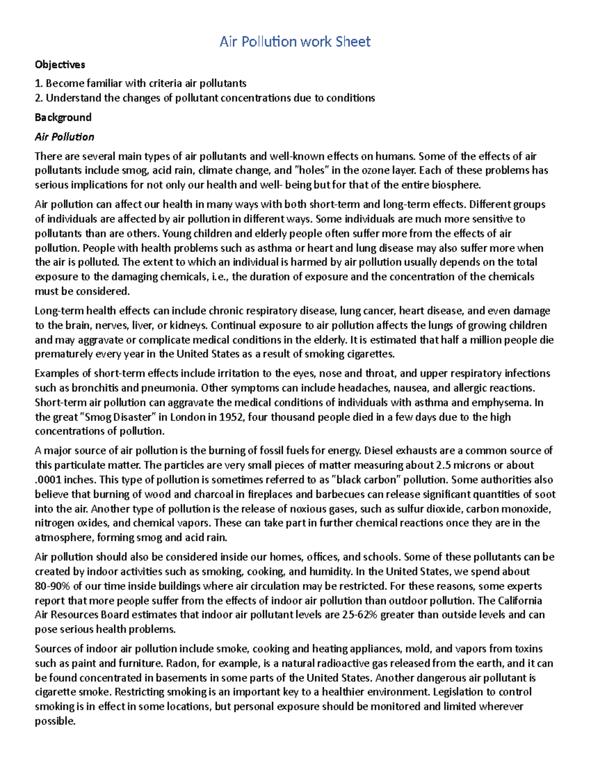 Air Pollution worksheet - Air Pollu)on work Sheet Objec&ves Become ...