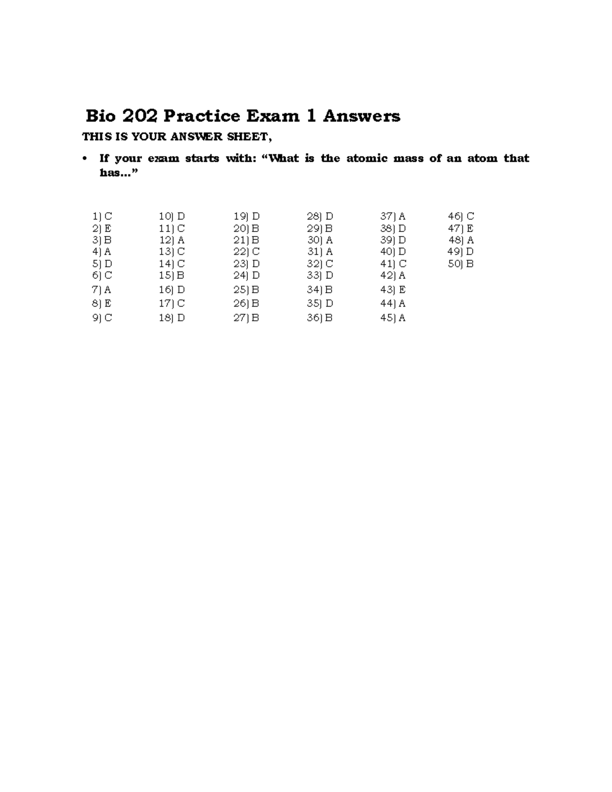 BIO 202 Practice Exam 1 Answers - AMS 210 - Bio 202 Practice Exam 1 Answers THIS IS YOUR ANSWER ...