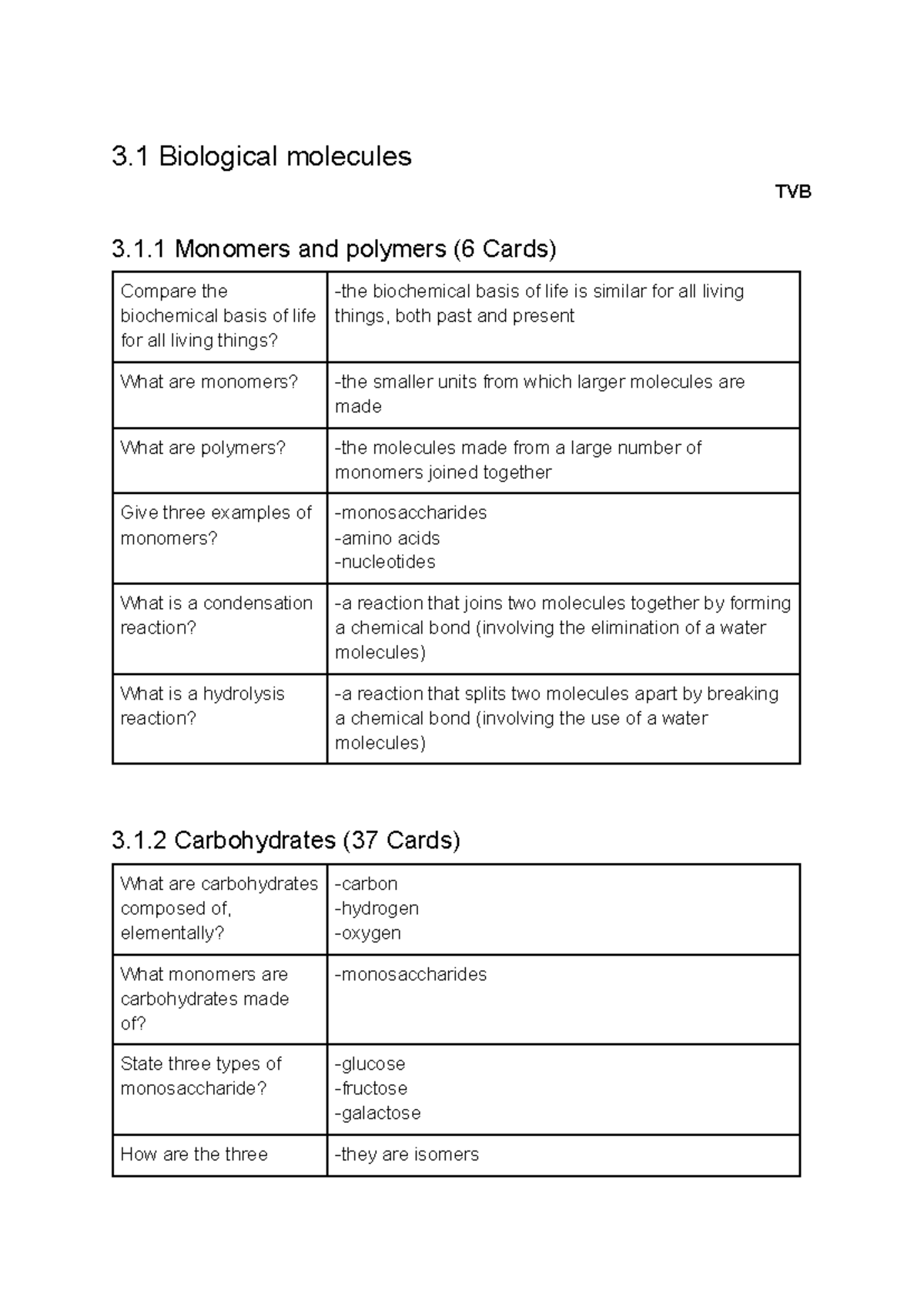 Section 1 Biological molecules Notes - 3 Biological molecules TVB 3.1 ...