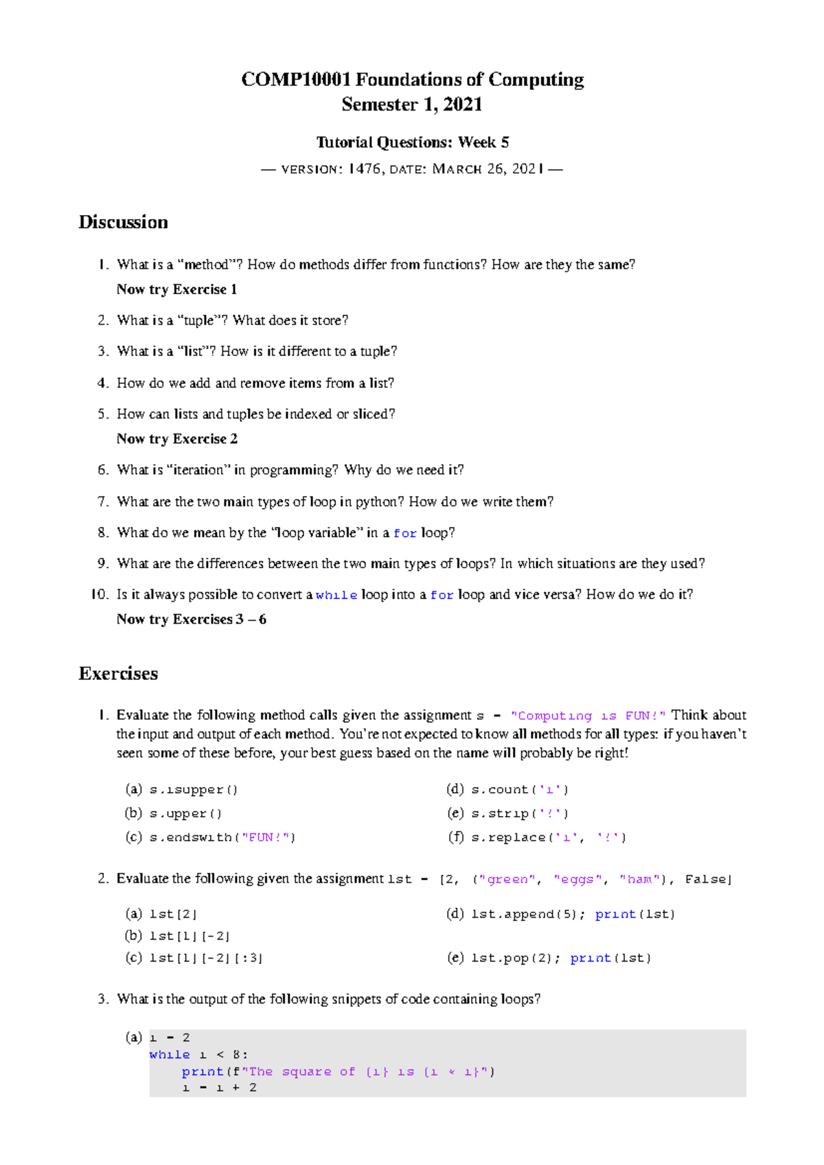Tutesheet-week5 something about python - COMP10001 Foundations of ...