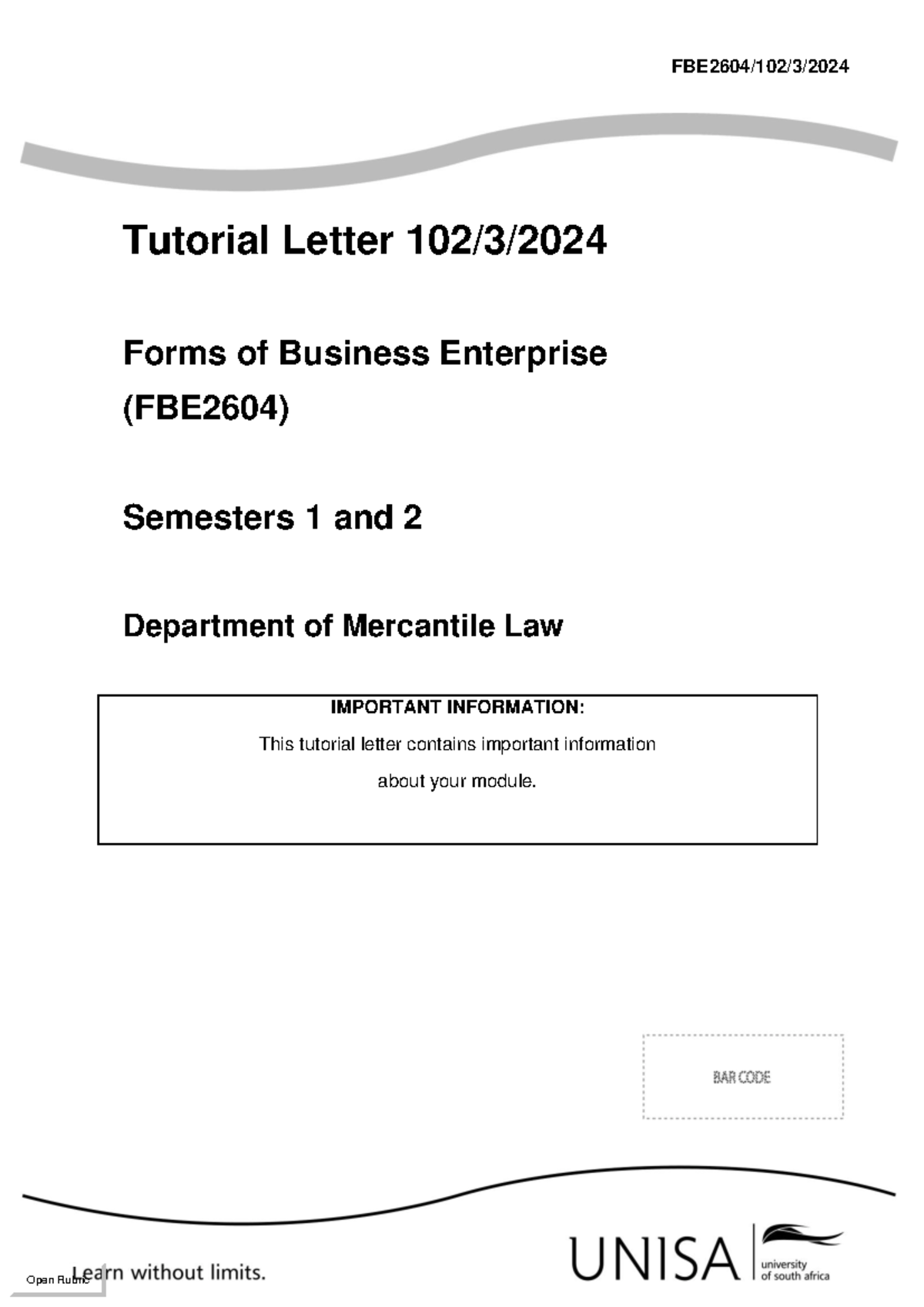 FBE2604 2024 TL 102 3 E Final - FBE2604/10 2 / 3 /202 4 Tutorial Letter ...