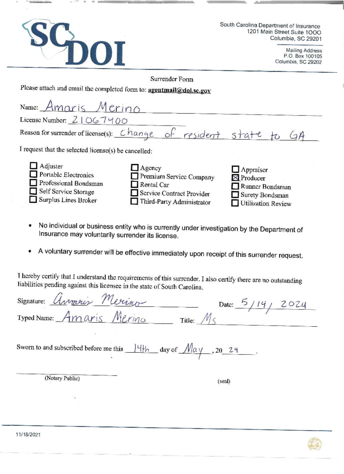 SC License Cancel - SC South Carolina Department of Insurance 1201 Main ...