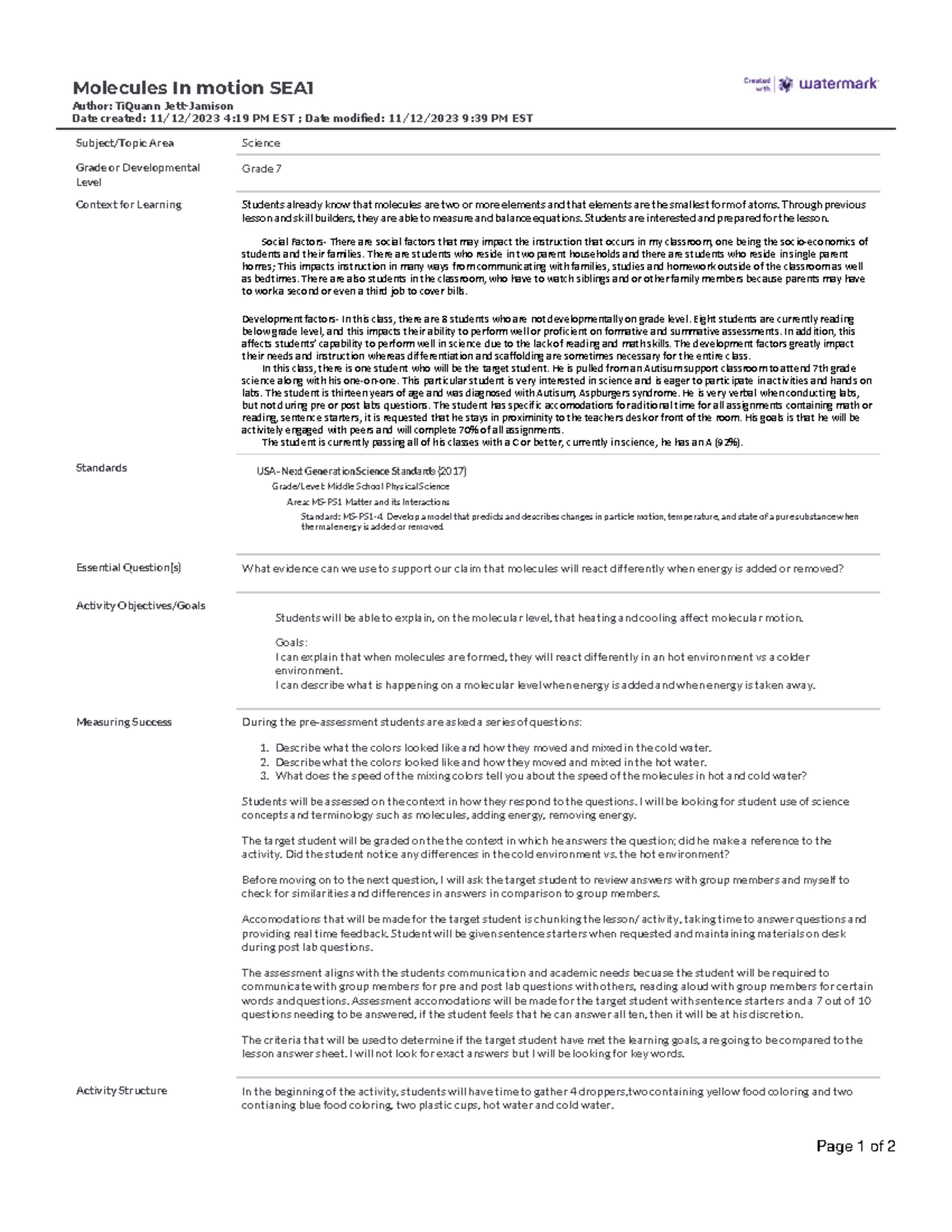 Lesson - jnjk - Molecules In motion SEA Author: TiQuann JettJamison ...