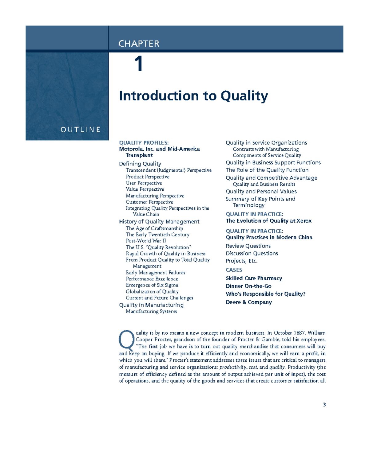 Chapt. 1 - 3 CHAPTER O U T L I N E 1 Introduction to Quality QUALITY PROFILES: Motorola, Inc ...