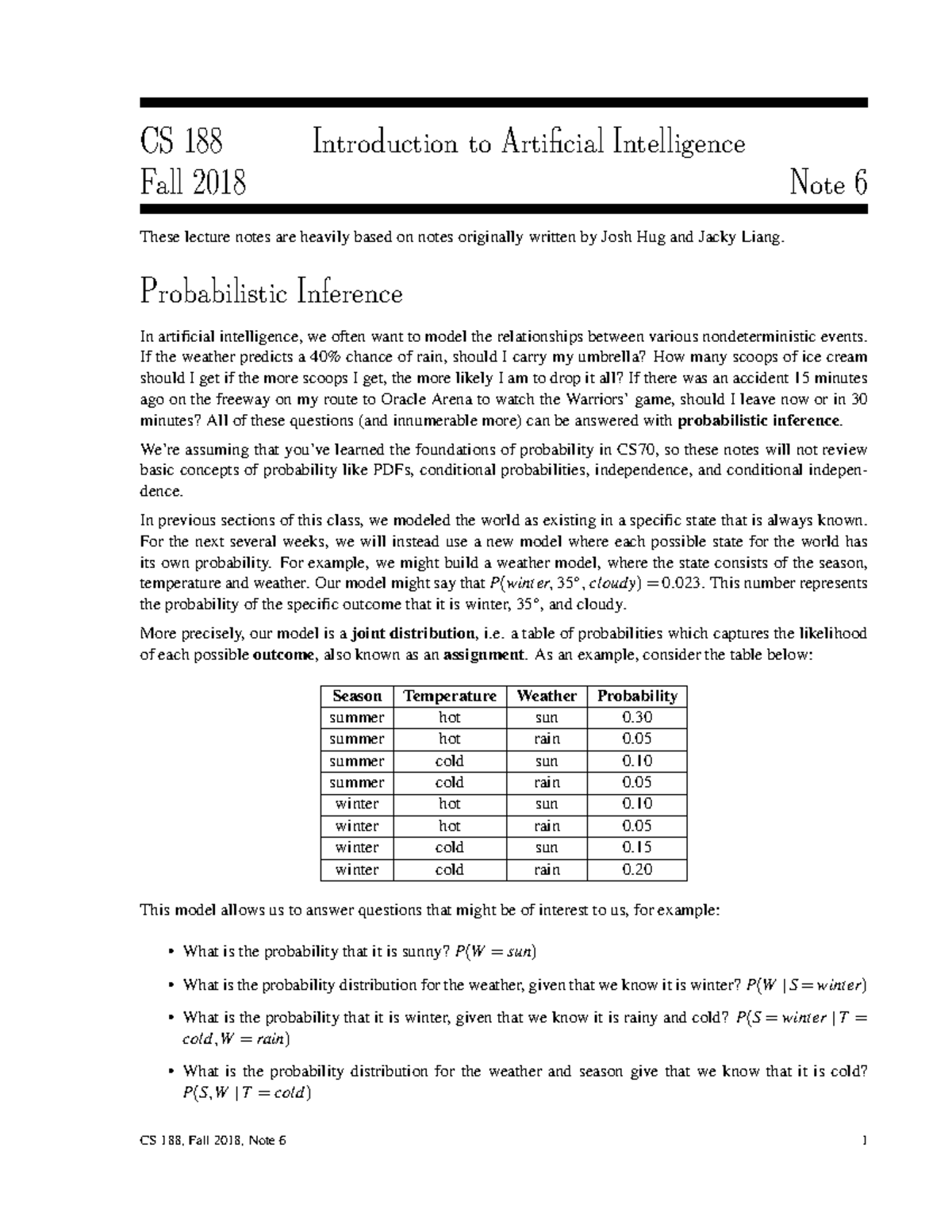 N06-bayes-nets - Notes from lesson 6 about bayes nets - CS 188 ...