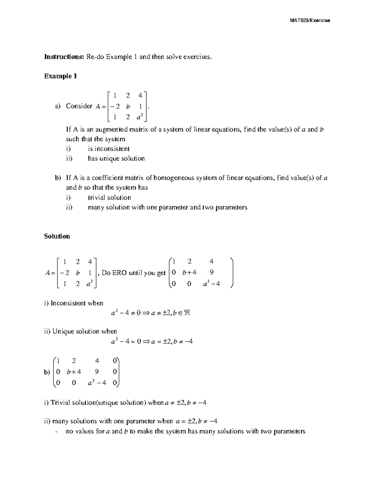 Exercises on system of linear eqtn with solution - MAT523/Exercise ...