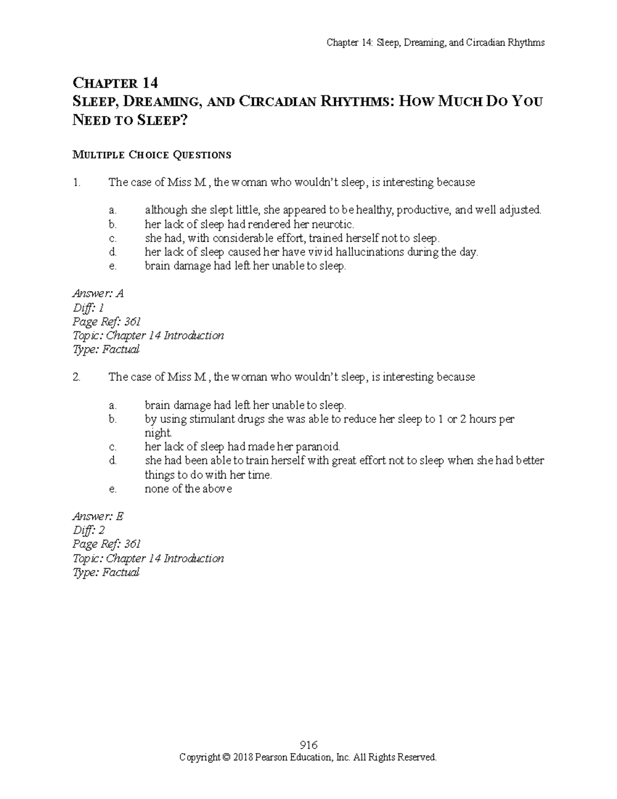 Pinel TB 14 - test answers - CHAPTER 14 SLEEP, DREAMING, AND CIRCADIAN ...