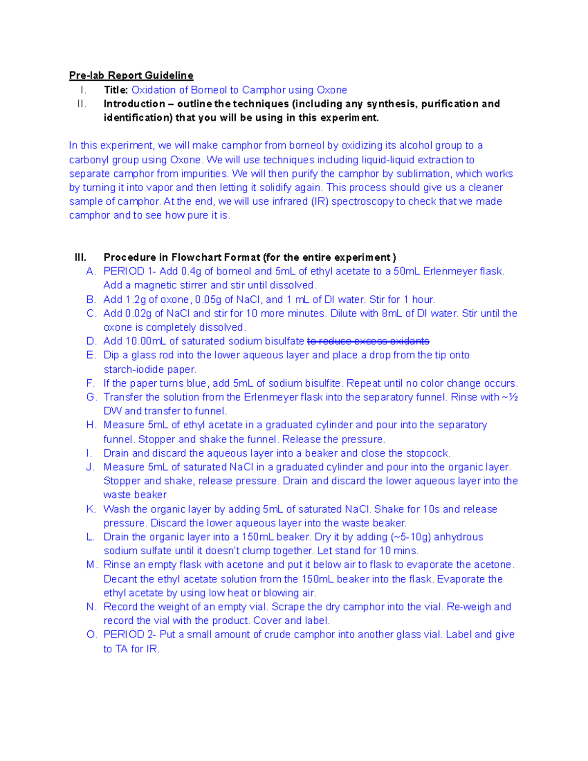 Borneol to Camphor Pre lab - Pre-lab Report Guideline I. Title ...