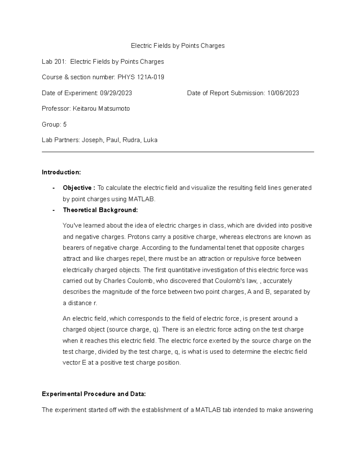 Rudra Patel - Lab 201 - LAB 201 For Physics II Lab - Electric Fields by ...