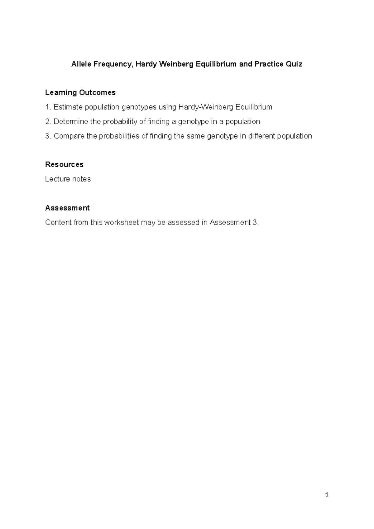 Workshop Week 12 Allele Frequency and Hardy Weinberg equilibrium ...