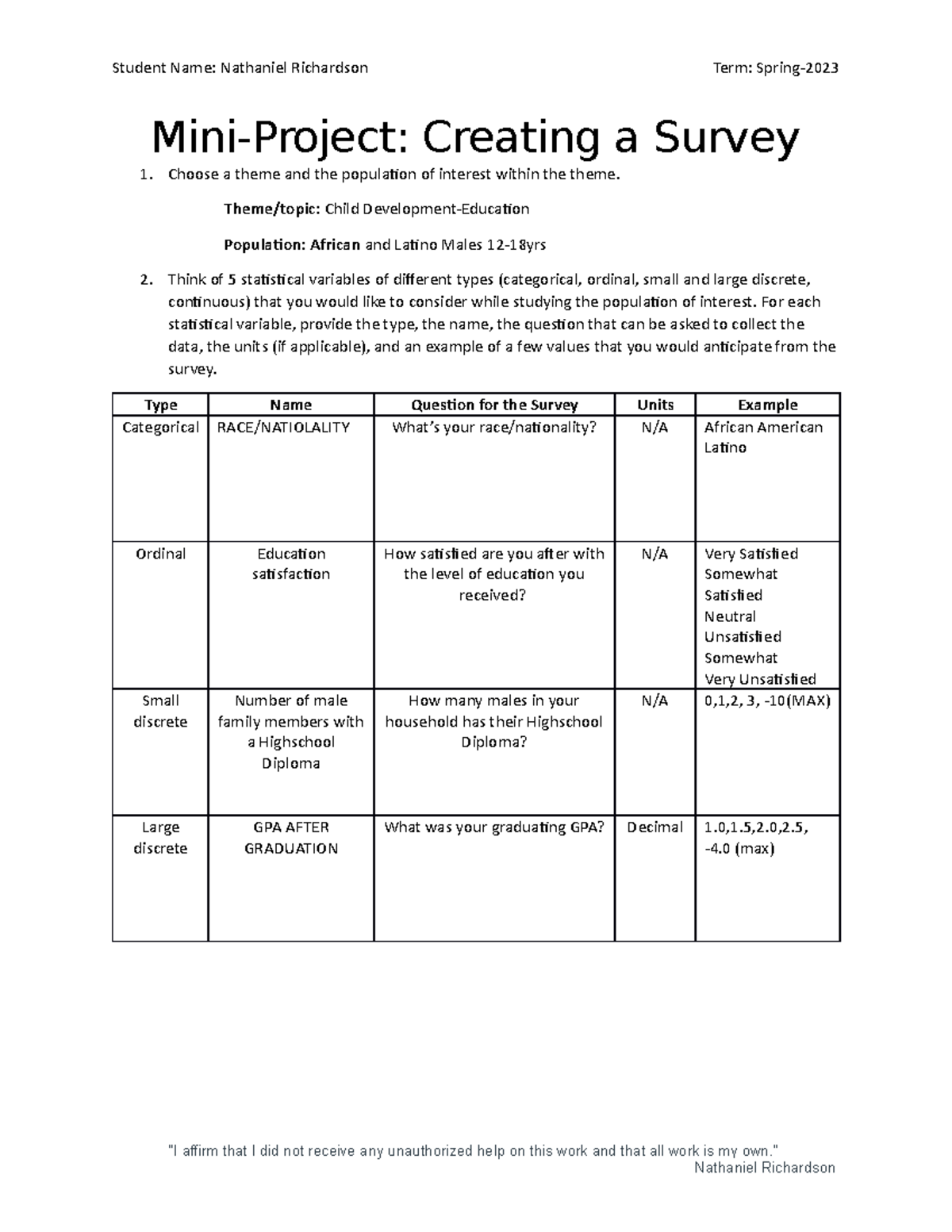 Mini Project Creating A Survey Template Student Name Nathaniel