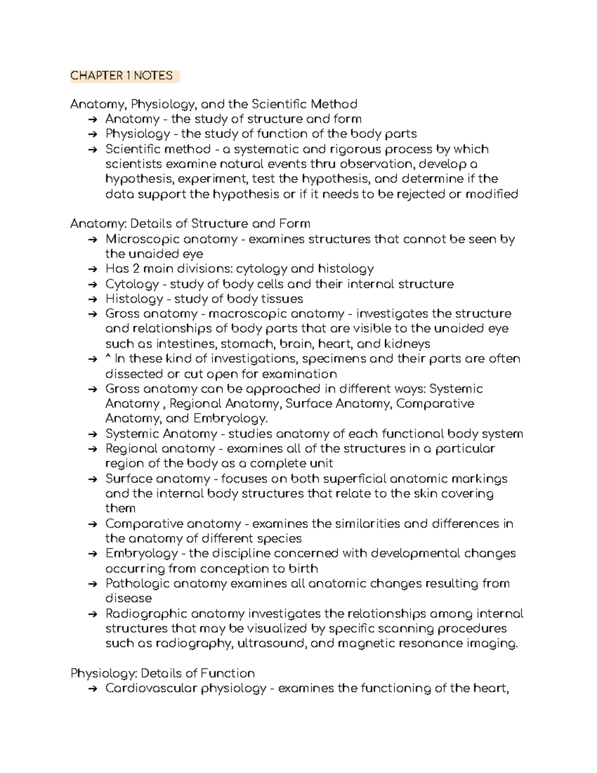 KIN 223 FALL CHAP1 Notes - CHAPTER 1 NOTES Anatomy, Physiology, and the ...