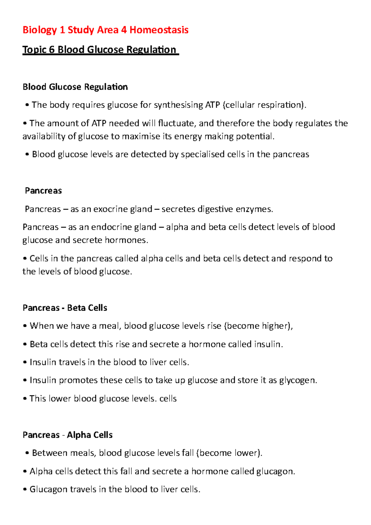 Blood Glucose Regulation - Biology 1 Study Area 4 Homeostasis Topic 6 ...