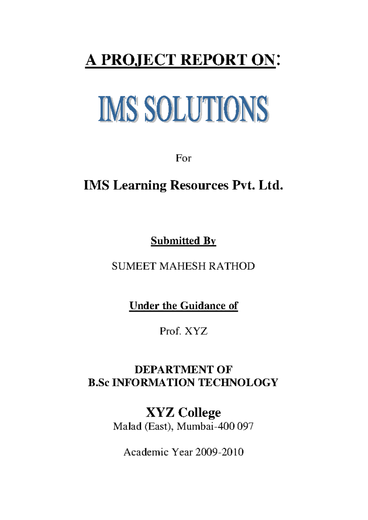 Black Book - Sample - A PROJECT REPORT ON: For IMS Learning Resources ...