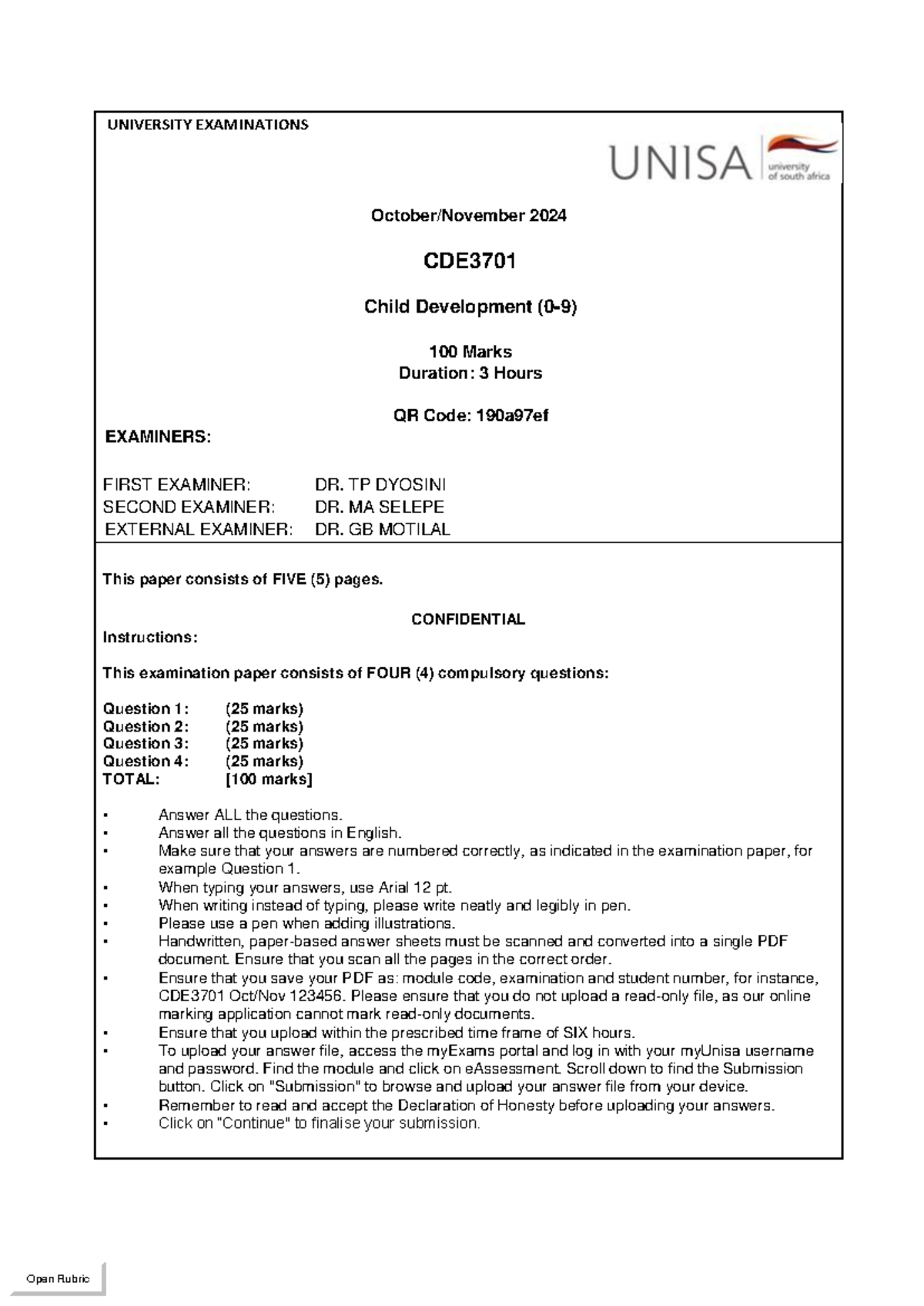 CDE3701 OCT-NOV 2024 MAIN EXAM Paper - UNIVERSITY EXAMINATIONS October ...