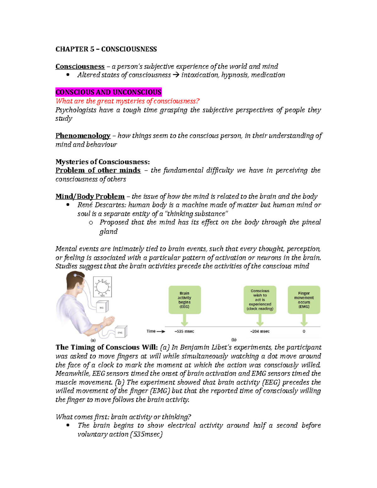 Chapter 5 Notes - Conciousness - CHAPTER 5 – CONSCIOUSNESS ...