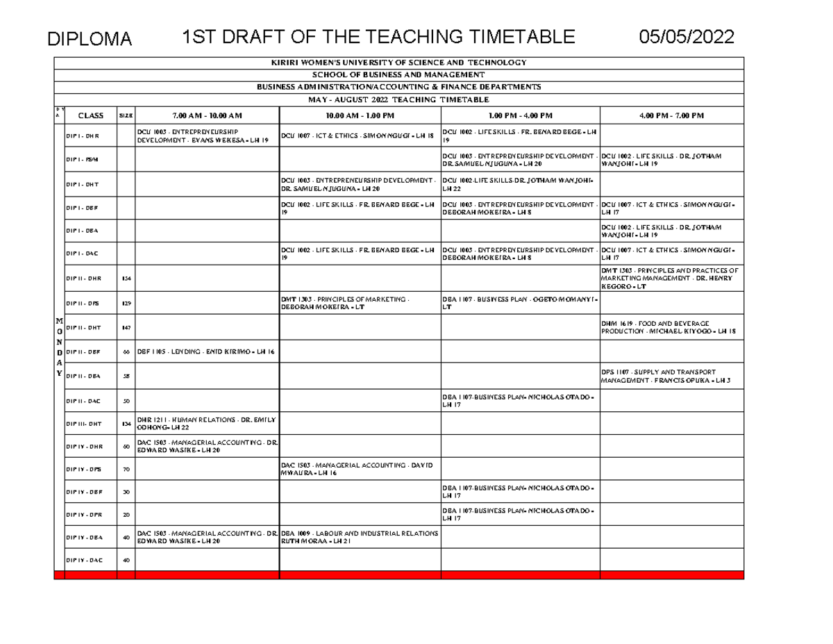 Draft 1 Diploma Teaching Timetable MAY-AUG 2022 - D A Y CLASS SIZE 7 AM ...