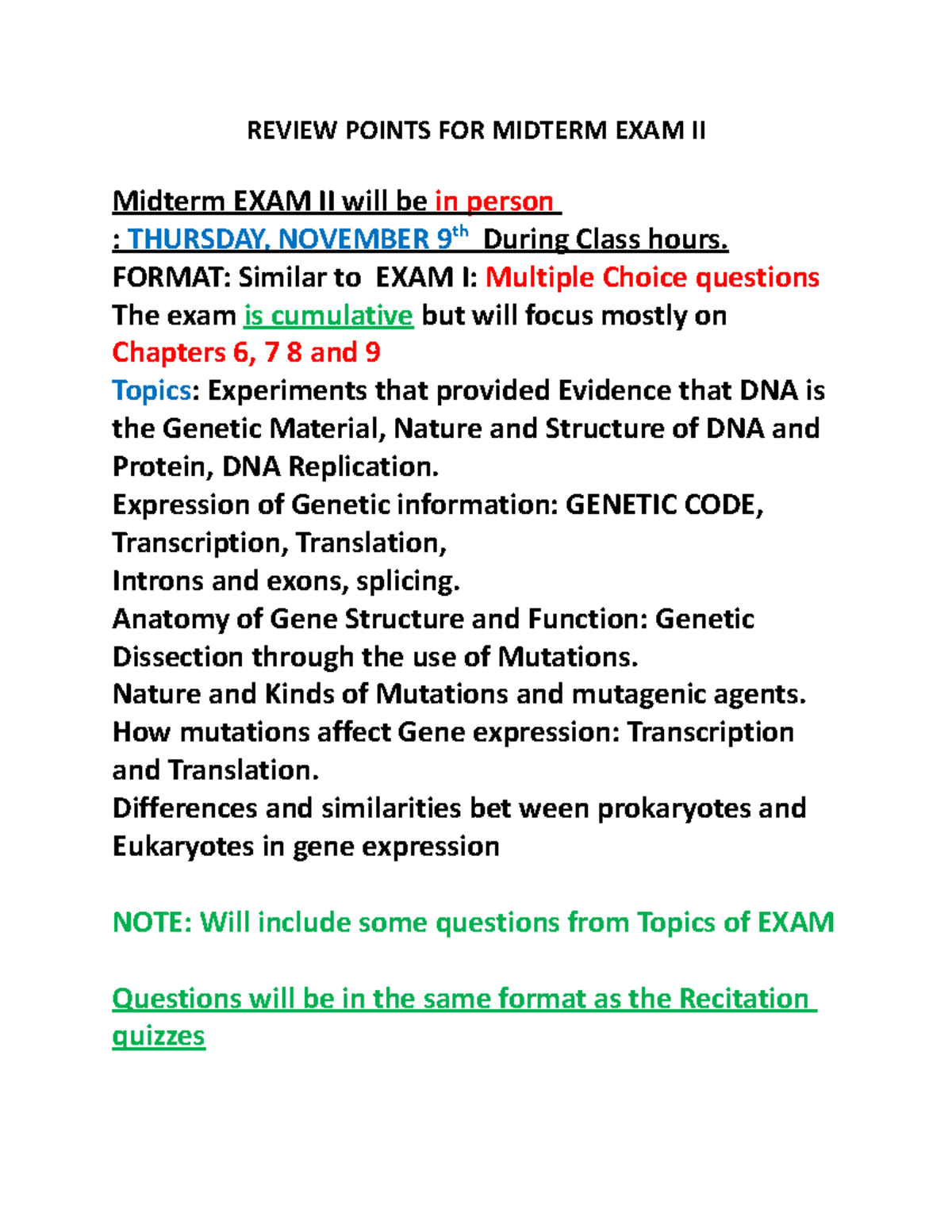 EXAM II-Review points-BIO206F23 - REVIEW POINTS FOR MIDTERM EXAM II Midterm EXAM II will be in ...