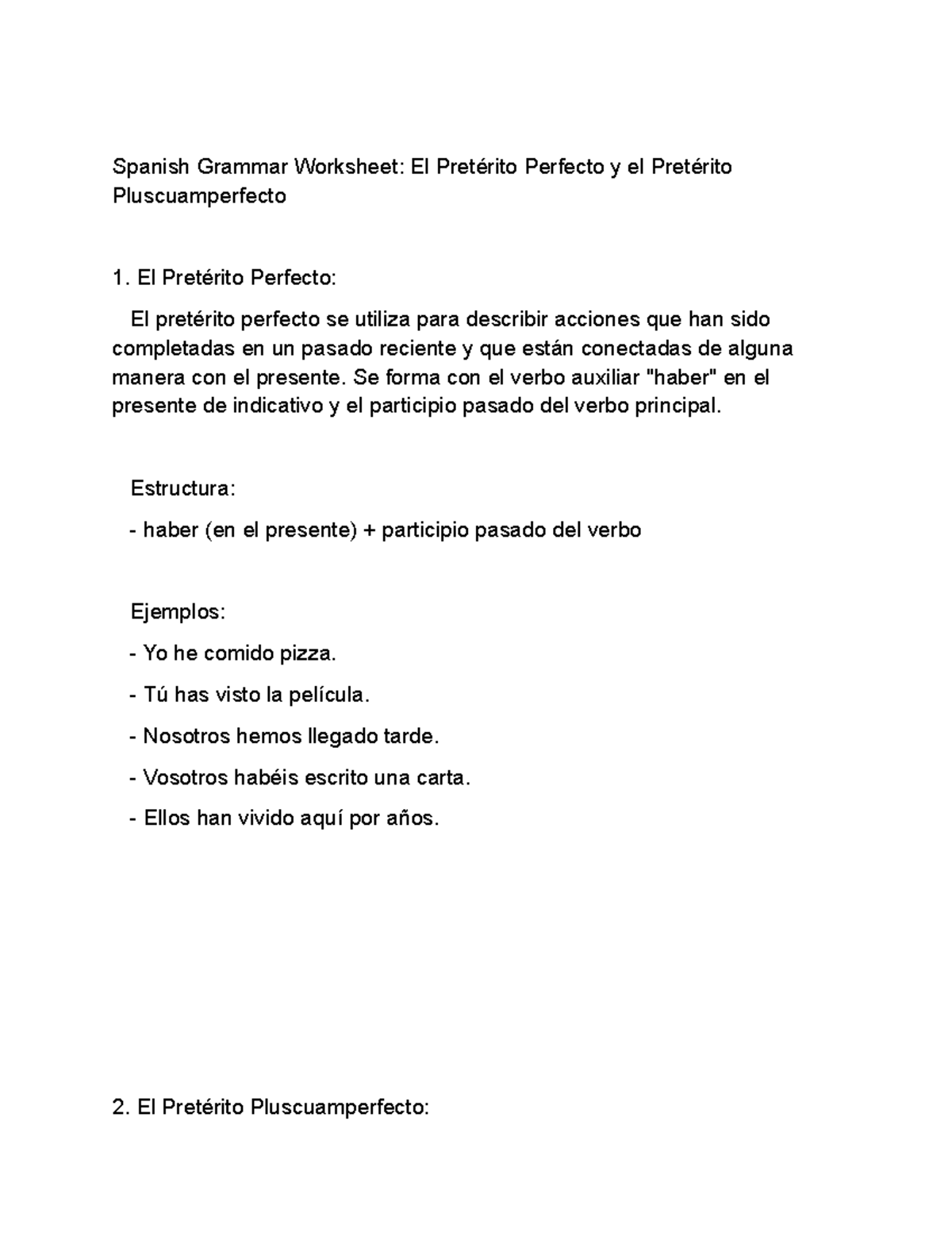 Perfect and Pluperfect tense - Spanish Grammar Worksheet: El Pretérito ...