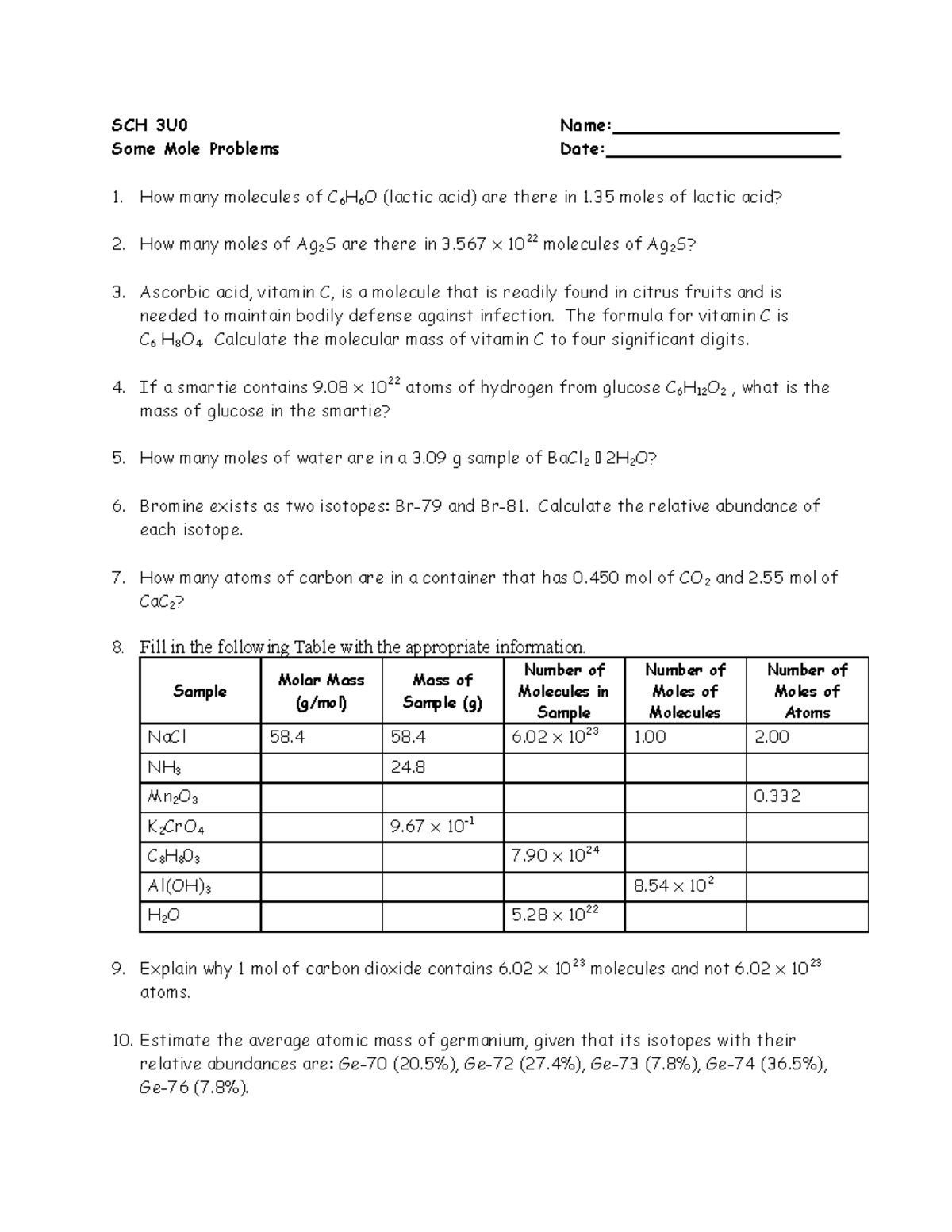 Some mole problems - adf - SCH 3U0 Name: Some Mole Problems Date: How ...